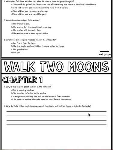 "Walk Two Moons" Printable Chapter Quiz Novel Assessment Bundle | TPT