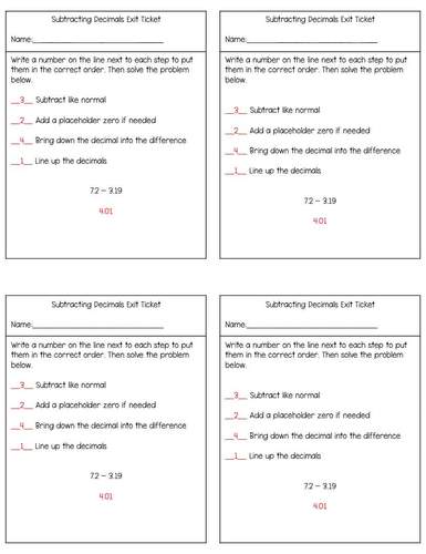 Subtracting Decimals Practice Pages and Exit Ticket by The Adira Teacher