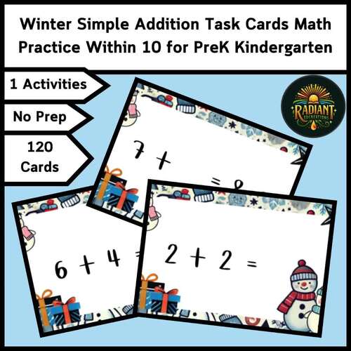 Winter Simple Addition Task Cards Math Practice Within 10 for PreK ...