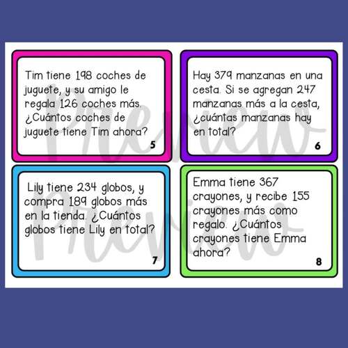Tarjetas de Problemas de Adición de Tres Dígitos | Práctica de Matemáticas