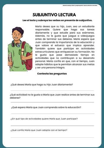 PRESENT SUBJUNCTIVE READING WORKSHEET PRESENTE SUBJUNTIVO LECTURA