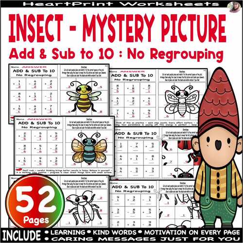No regrouping Addition & subtraction to 10 : mystery pictures fact ...