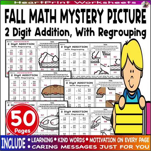 Fall math mystery picture, 2 digit Addition with regrouping, Color, B&W ...