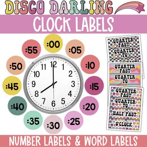 Disco Clock Labels for Classroom / Analog Time Cards / Retro Telling Time