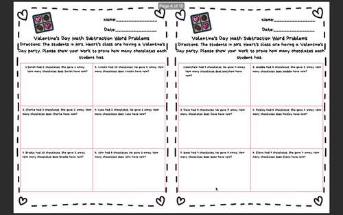 February Math (Subtraction) Word Problems Within 10 by Learning Core