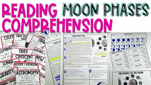 Moon Phases Reading Comprehension Worksheets and Astronomy Vocabulary Cards