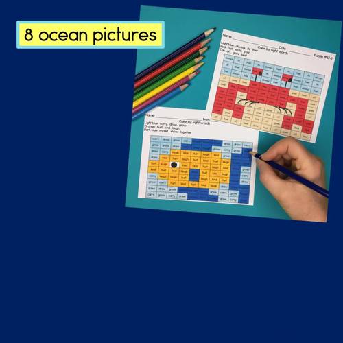 Ocean Theme Color by Sight Word Mystery Picture Shark Whale Worksheets ...