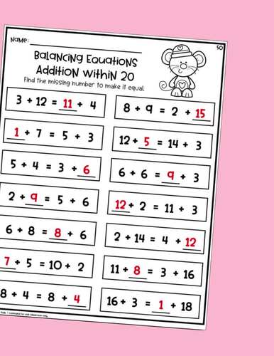 Valentine Balancing Equations Addition Within 20 No Prep Math ...