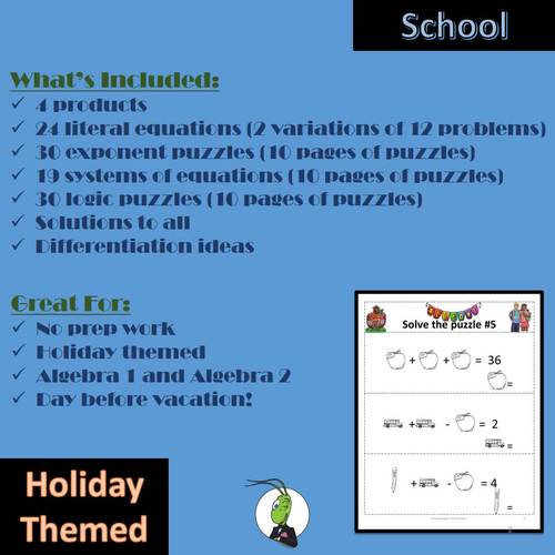 School Logic Puzzles with Pictures for Algebra with Exponents and Equations