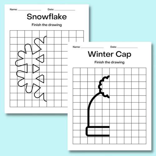 Winter Guided Grid Drawing Worksheets | Holidays Grid Method Art Activities