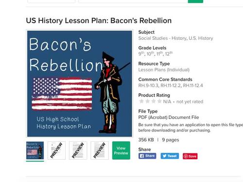 US History Lesson Plan: Bacon's Rebellion by Social Studies Studio
