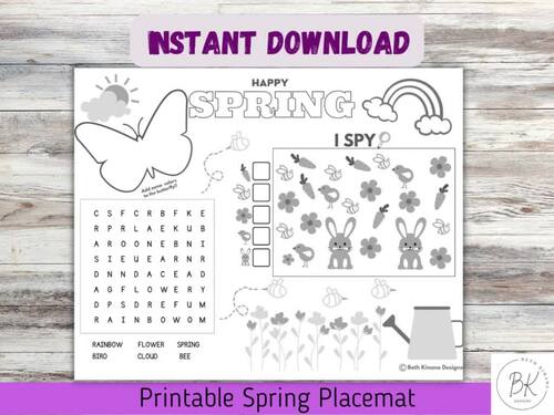Spring Placemat Printable, Spring Coloring Page by Beth Kinane Designs