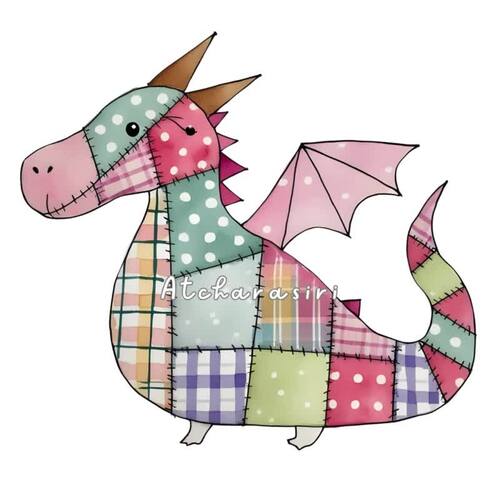 Cute Patchwork Dragon Watercolor Elements - 10 PNG Files with ...