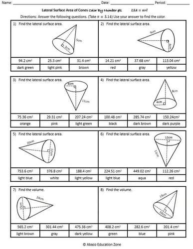 Surface Area of Cones Color By Number Activity by Abaco Education Zone
