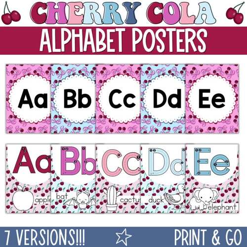 Retro Cherry Coquette Alphabet Posters, Bows Americana Alphabet Posters