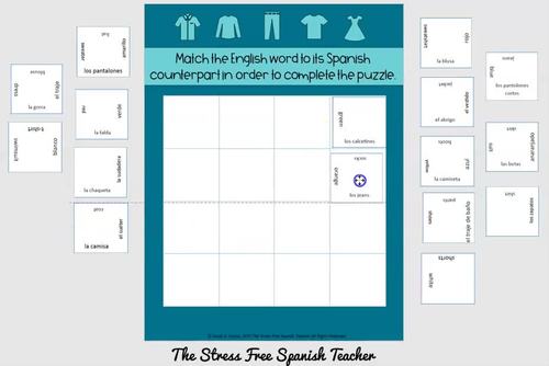 Spanish Digital Puzzles Clothing & Colors La Ropa y Los Colores Vocabulary