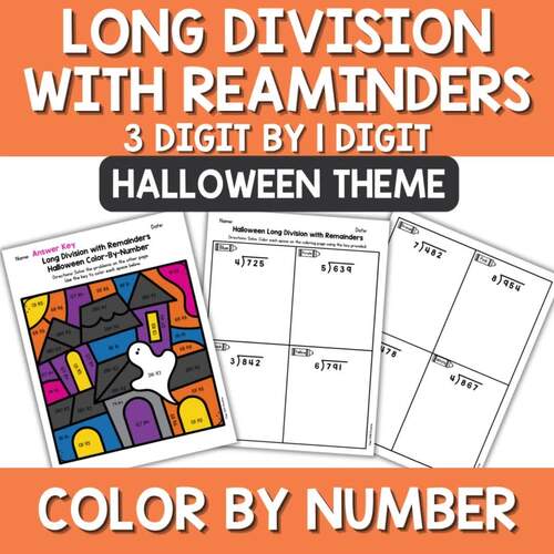 Halloween Long Division with Remainders Color by Number | 3-Digit by 1 ...