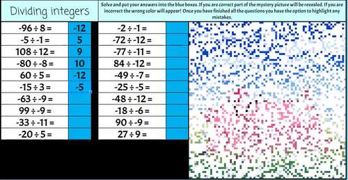 Dividing Integers Pixel Art by Pick Up and Go Resources | TPT