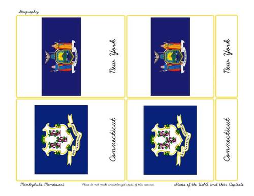 US State Flags 3-Part Cards Set 50 Cards in CURSIVE by Minkybubs Montessori