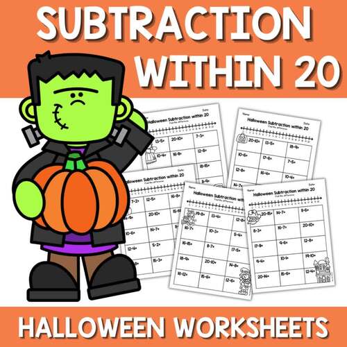 Halloween Subtraction within 20 Number Line Worksheets | 2nd Grade Fact ...