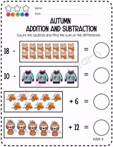 Mixed Addition & Subtraction within 20 with Pictures | Fall / Autumn Math