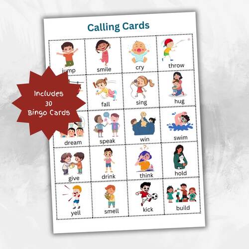 Verbs Bingo Game For Kids Activity Preschool Printable Homeschool ...