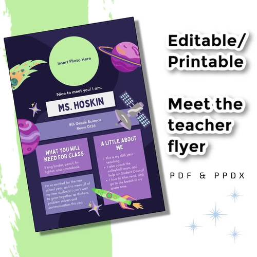 Space Themed Science Teacher Meet the Teacher Handout / Flyer PDF PPTX