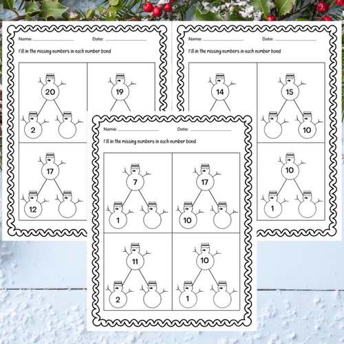 Winter Number Bonds 1-20 | Snowman Number Bonds Worksheets | TPT