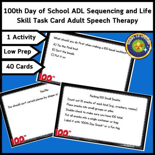 100th Day of School ADL Sequencing and Life Skill Task Card Adult ...
