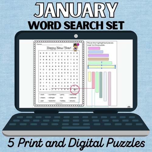 January Word Search Set Printable Pages and Digital Puzzles for Google ...