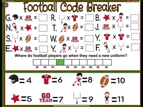 Football Multiplication Code Breaker - Digital Math Center - Fluency Facts