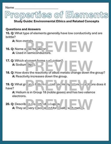 Properties of Elements Review and Paper Study Guide | Physical Science