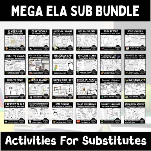 MEGA ELA Sub Resource BUNDLE of 100+ One-off Tasks | Substitute Teacher ...
