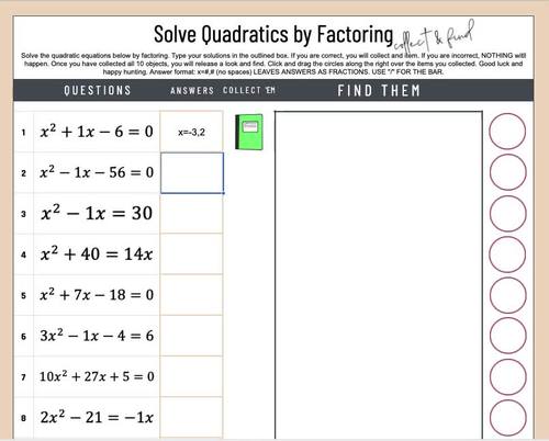 Algebra 1 digital self-checking Activities - Collect and Find bundle