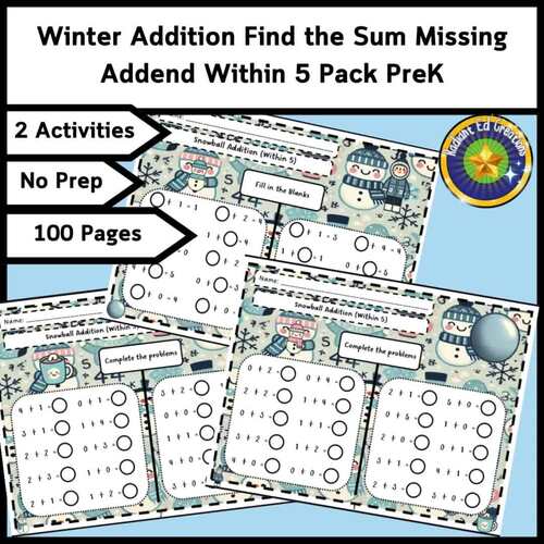 Winter Addition Find the Sum Missing Addend Within 5 Pack PreK | TPT