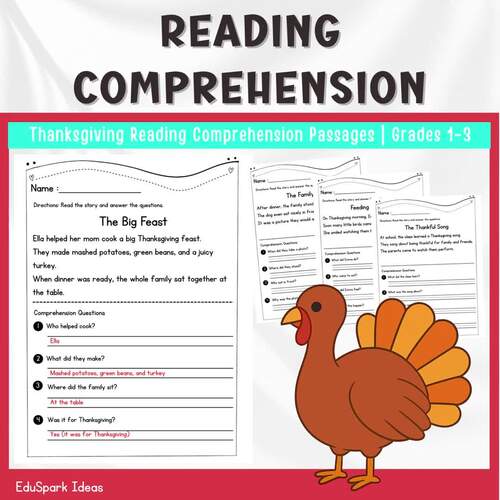 Thanksgiving Reading Comprehension Passages | Grades 1-3 by EduSpark Ideas
