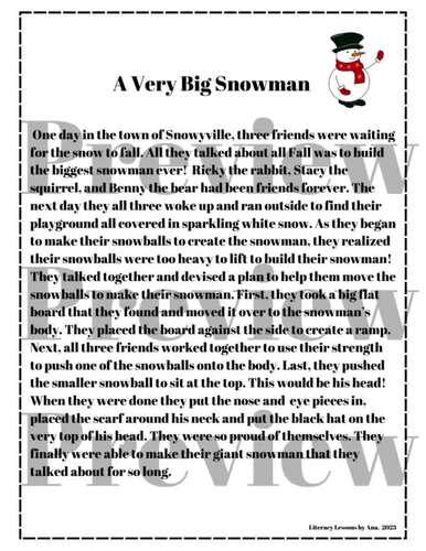 Winter Snowman Comprehension Packet by Literacy Lessons by Ana | TPT