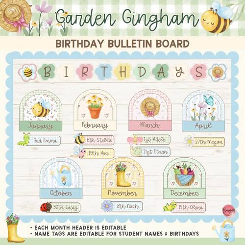 Birthday Bulletin Board: Garden Gingham | Editable Classroom Decor