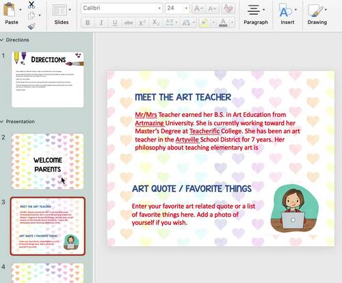 Meet The Art Teacher. Editable Open House Presentation and Brochure