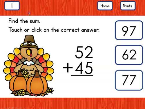 Adding Two Digit Numbers Thanksgiving Turkeys for Google Classroom™