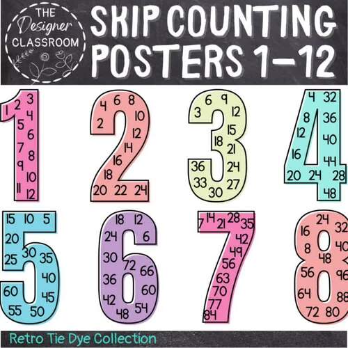 Skip Counting Number Posters 1 to 12 | Retro Tie Dye Classroom Decor