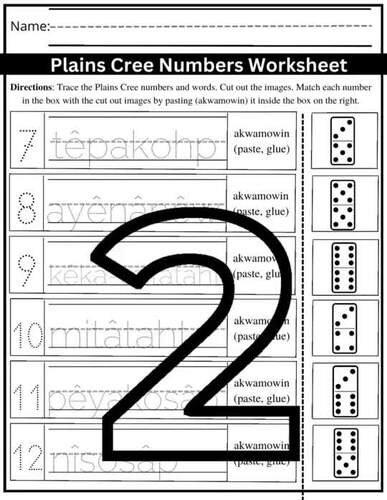 Plains Cree English Math Literacy Worksheet: Numbers 1 through 30