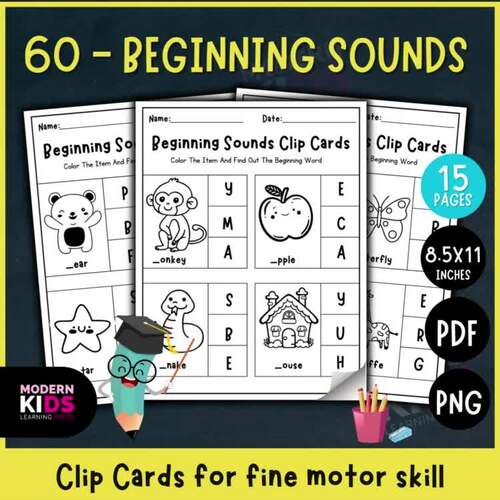 60 Beginning Sounds Clip Cards - Color and motor skill practice!