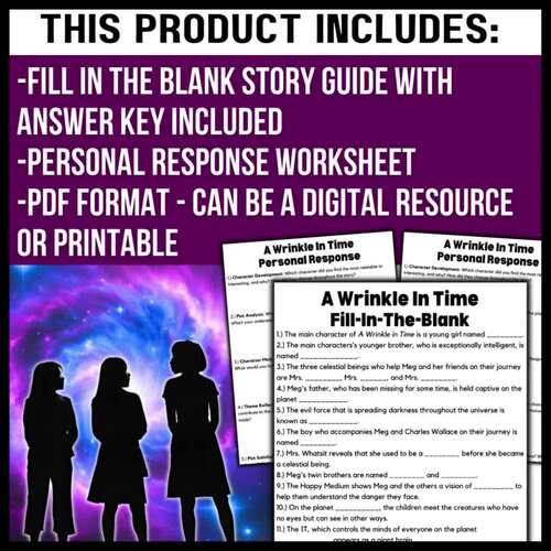 A Wrinkle In Time: Fill In The Blank Story Guide & Novel Response Worksheet