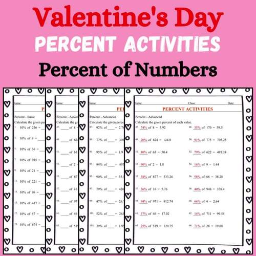Valentine's Day Math Activities: Percent of Numbers Basic And Advanced