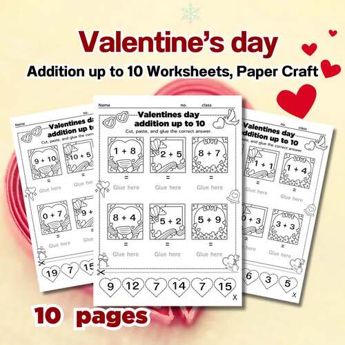 Valentine's Day Addition up to 10 Worksheets for Kindergarten, Basic ...