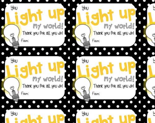 Light Bulb Teacher (Staff) Appreciation Gift Tag- You Light up my (our ...