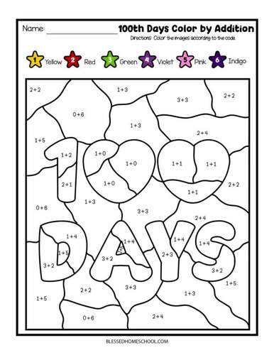 100th Day of School Color by Addition by Blessed Homeschool Printables