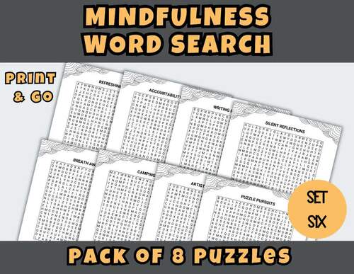 SEL Mindfulness Word Search Printable Activities Stress Relief Puzzle Set 6