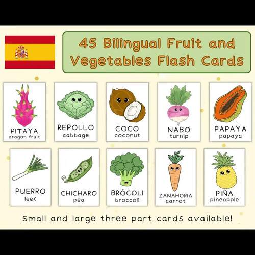 45 Spanish and English Bilingual Fruits and Vegetables Flash Cards ...